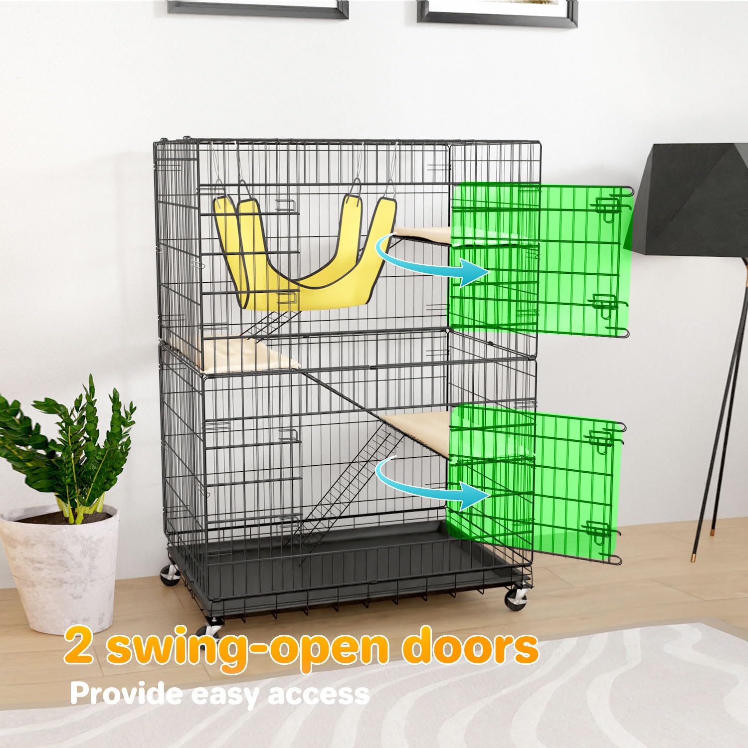 Collapsible Cat Cage, 4-Tier 48 Inches Metal Large Cat Kennel Ferret Enclosure Chinchilla Cage with 360° Rotating Casters/Ramp/Ladders/Hammock for Indoor/Outdoor Kitten