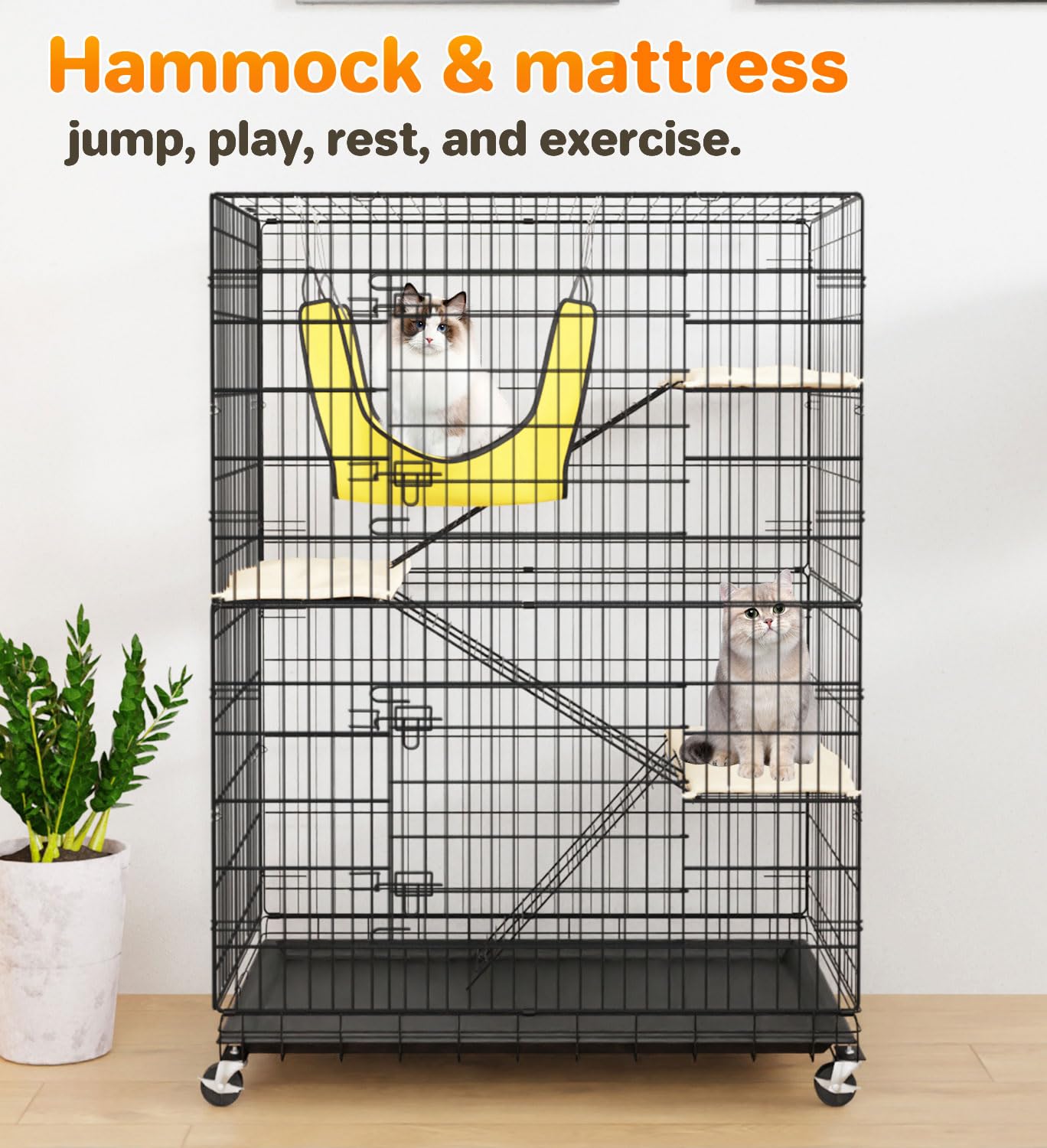 Collapsible Cat Cage, 4-Tier 48 Inches Metal Large Cat Kennel Ferret Enclosure Chinchilla Cage with 360° Rotating Casters/Ramp/Ladders/Hammock for Indoor/Outdoor Kitten