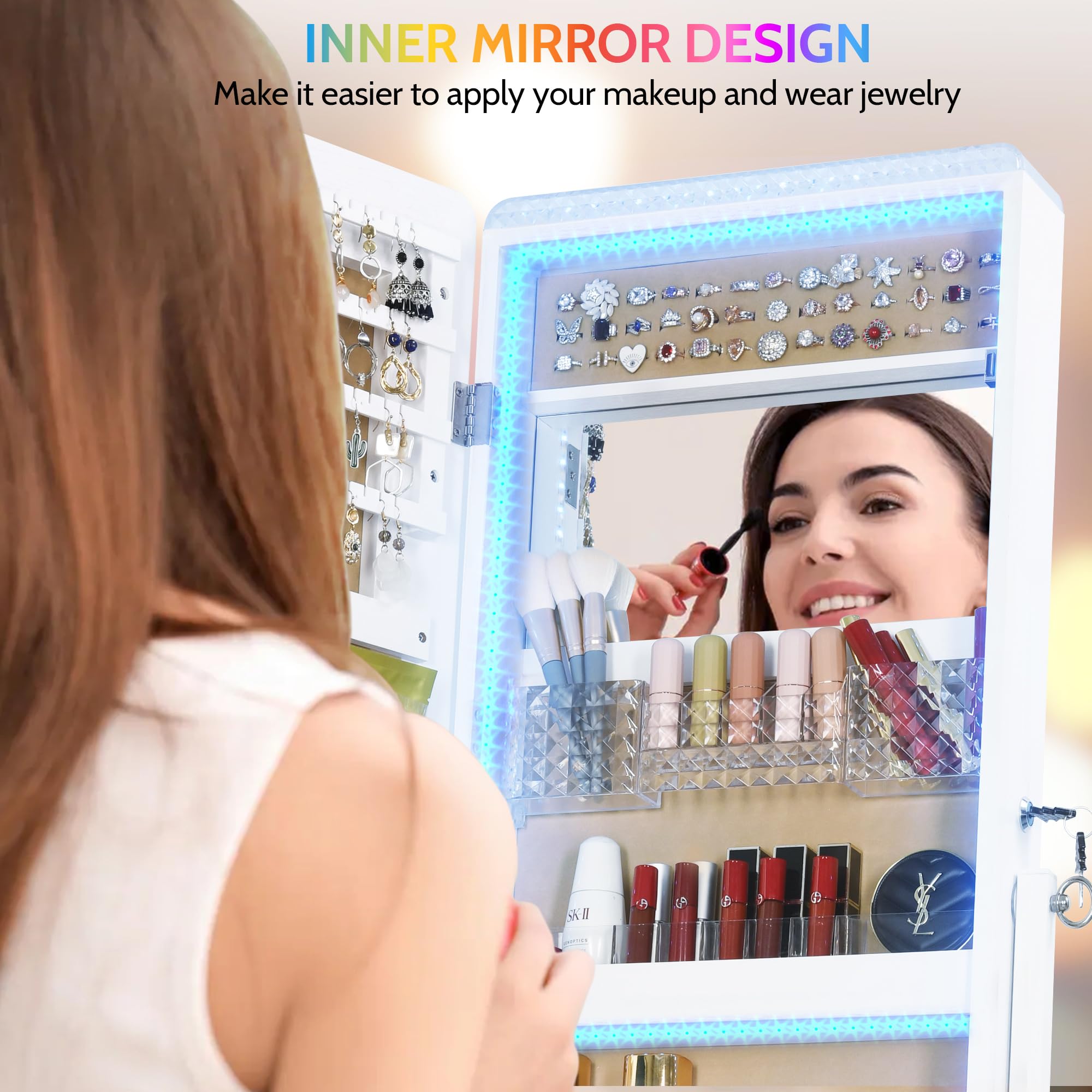 LVSOMT RGB LED Jewelry Mirror Cabinet, Standing Jewelry Armoire Organizer, Stand Up Full-Length Mirror with Jewelry Storage, LED Lighted Floor Mirror, 14 Lights + Dimmable + Adjustable Speed, White