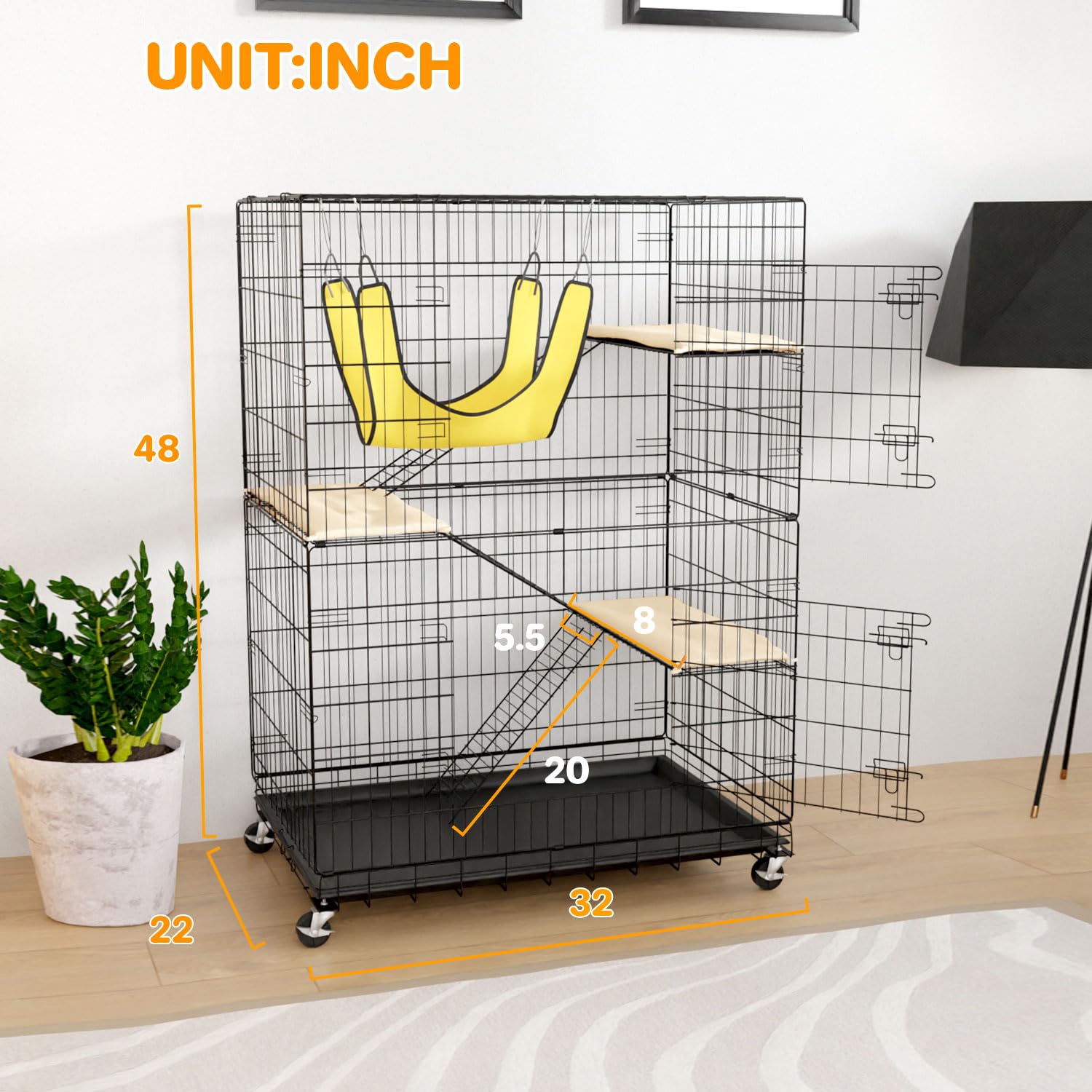 Collapsible Cat Cage, 4-Tier 48 Inches Metal Large Cat Kennel Ferret Enclosure Chinchilla Cage with 360° Rotating Casters/Ramp/Ladders/Hammock for Indoor/Outdoor Kitten
