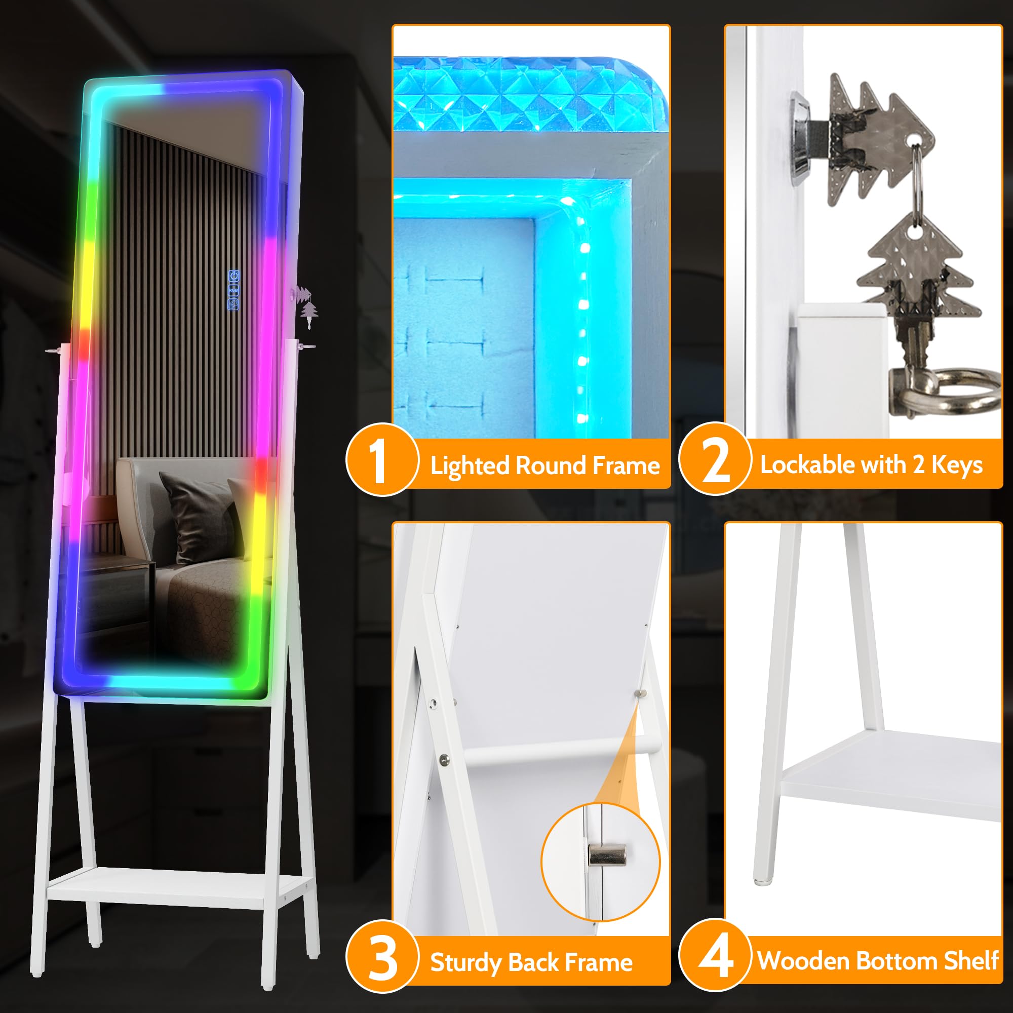 LVSOMT RGB LED Jewelry Mirror Cabinet, Standing Jewelry Armoire Organizer, Stand Up Full-Length Mirror with Jewelry Storage, LED Lighted Floor Mirror, 14 Lights + Dimmable + Adjustable Speed, White