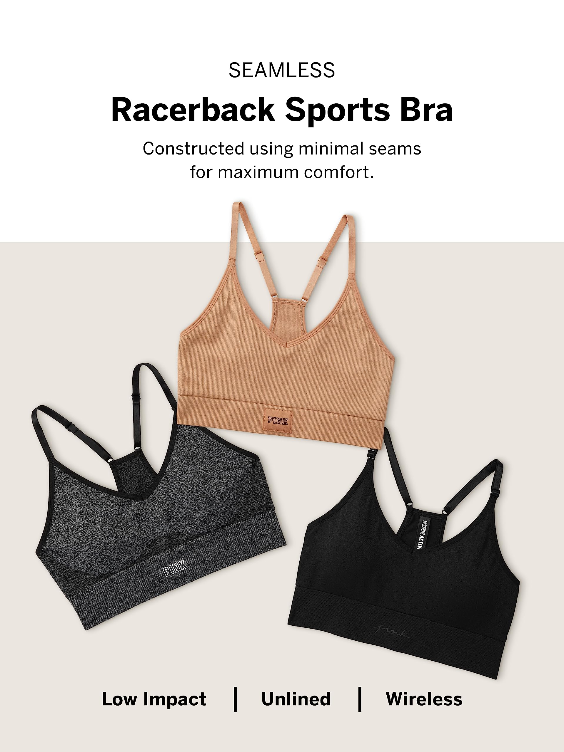 Victoria's Secret Pink Seamless Sports Bra, Low Impact Bras for Women, Racerback, Black (XL)