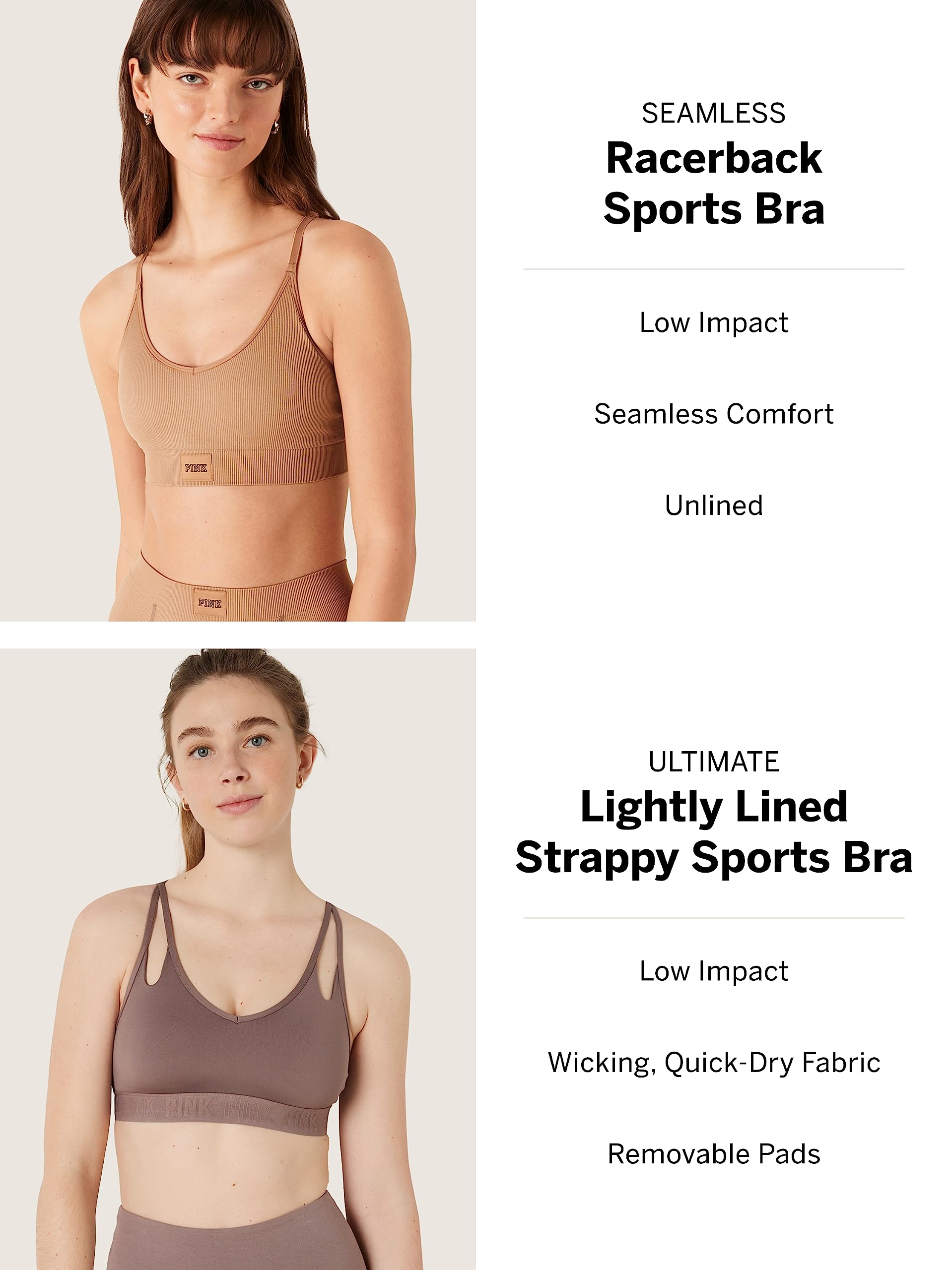 Victoria's Secret Pink Seamless Sports Bra, Low Impact Bras for Women, Racerback, Black (XL)