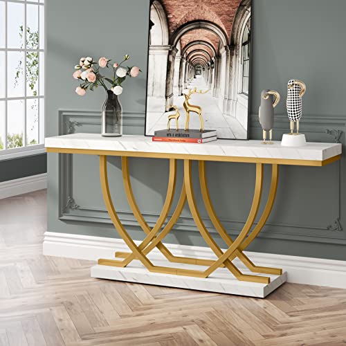 Tribesigns 59 Inch Modern Console Table, Faux Marble Entryway Table Gold Sofa Table Behind The Couch, Luxury Hallway Table Accent Table for Living Room, Entrance, Foyer, White and Gold