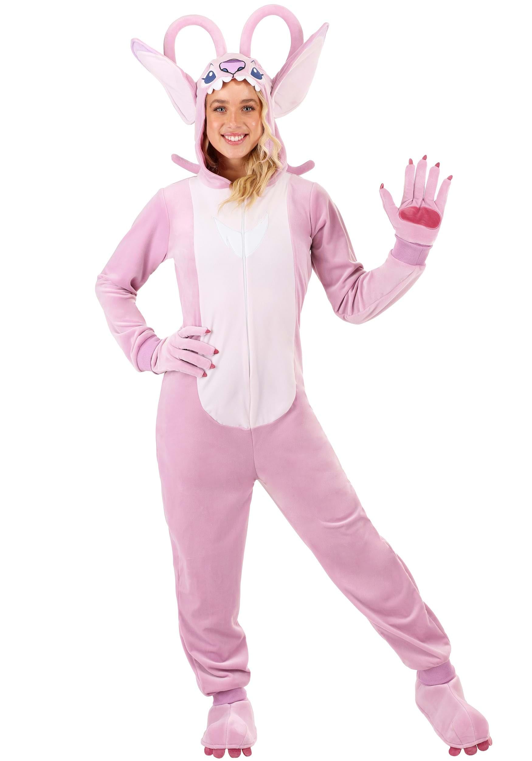 Fun Costumes Disney Lilo and Stitch for Adults, Women's Angel Onesie Outfit with Character Hood, Gloves, and Shoe Covers Medium Pink