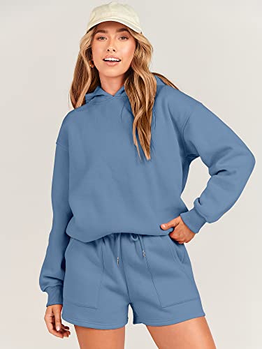 ANRABESS Women 2 Piece Outfit Oversized Hoodie Sweatshirt Shorts Lounge Sweat Set Sweatsuit Tracksuit 2025 Trendy Y2K Clothes Deep Blue Medium