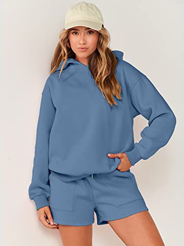 ANRABESS Women 2 Piece Outfit Oversized Hoodie Sweatshirt Shorts Lounge Sweat Set Sweatsuit Tracksuit 2025 Trendy Y2K Clothes Deep Blue Medium