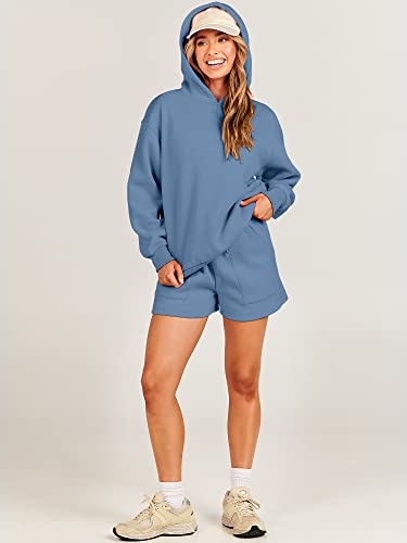 ANRABESS Women 2 Piece Outfit Oversized Hoodie Sweatshirt Shorts Lounge Sweat Set Sweatsuit Tracksuit 2025 Trendy Y2K Clothes Deep Blue Medium