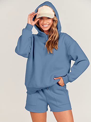 ANRABESS Women 2 Piece Outfit Oversized Hoodie Sweatshirt Shorts Lounge Sweat Set Sweatsuit Tracksuit 2025 Trendy Y2K Clothes Deep Blue Medium