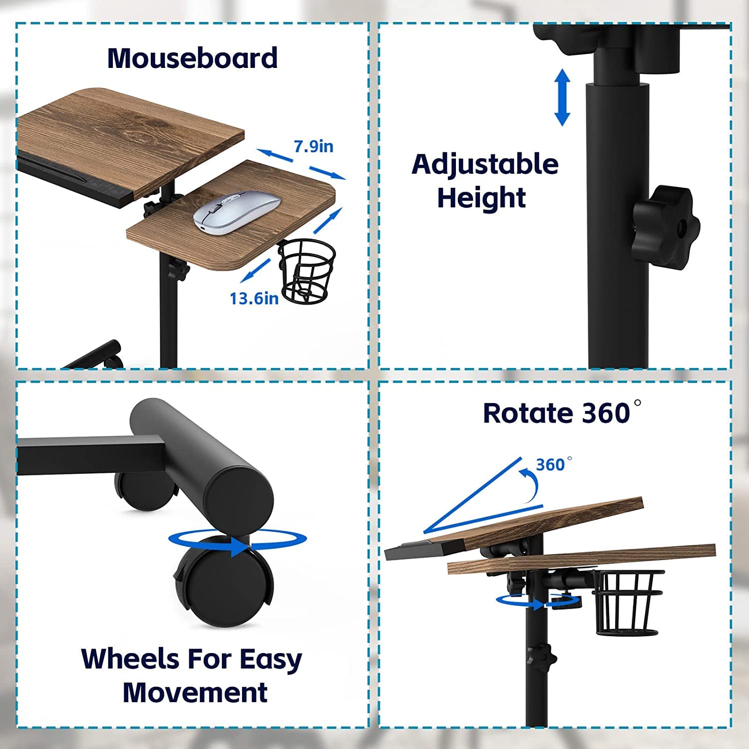 Dtadvlo 23'' Rolling Computer Desk,Portable Laptop Desk,Mobile Portable Laptop Desk, Height Adjustable Laptop Sit to Stand Up Desk,Overbed Table with Wheel Adjustable Height Desk