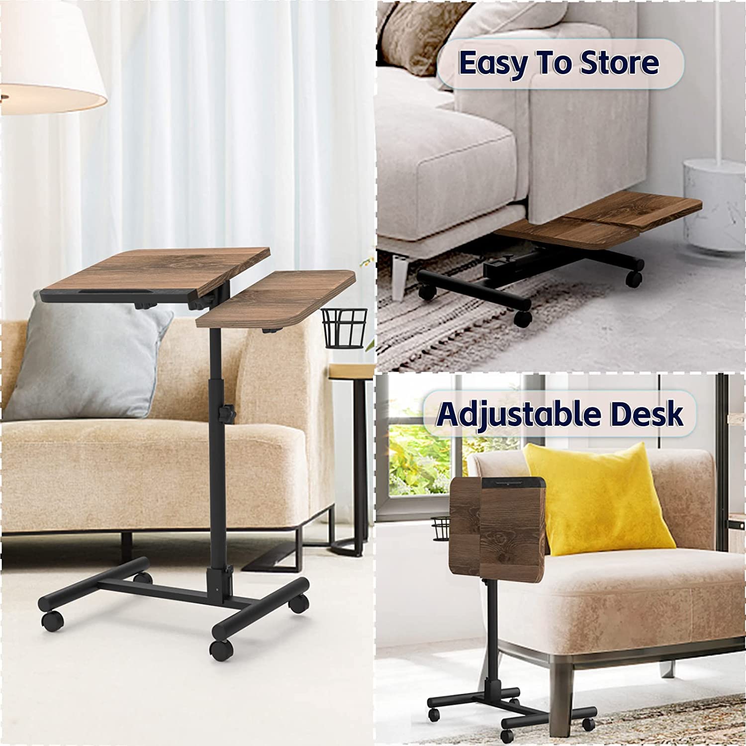 Dtadvlo 23'' Rolling Computer Desk,Portable Laptop Desk,Mobile Portable Laptop Desk, Height Adjustable Laptop Sit to Stand Up Desk,Overbed Table with Wheel Adjustable Height Desk