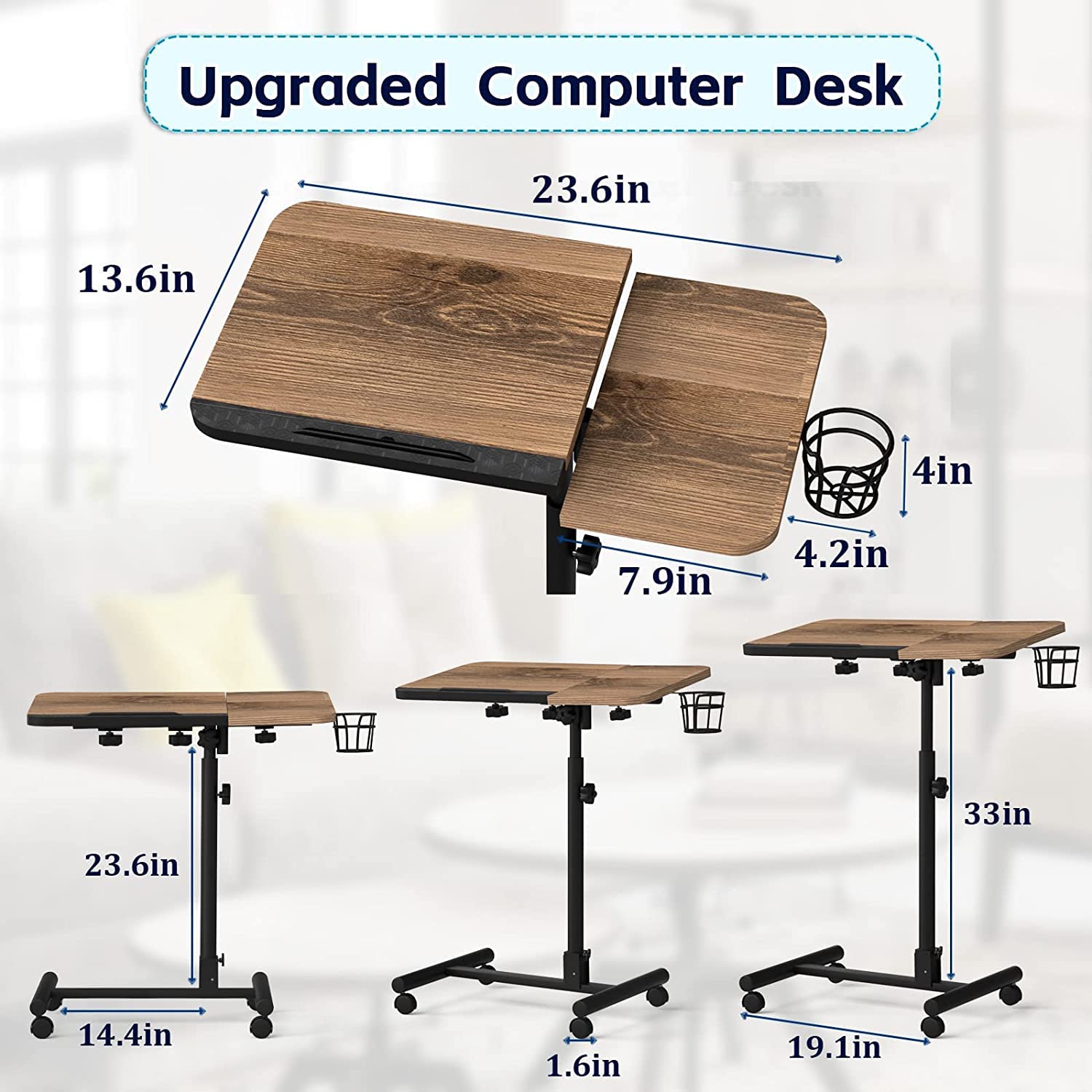Dtadvlo 23'' Rolling Computer Desk,Portable Laptop Desk,Mobile Portable Laptop Desk, Height Adjustable Laptop Sit to Stand Up Desk,Overbed Table with Wheel Adjustable Height Desk
