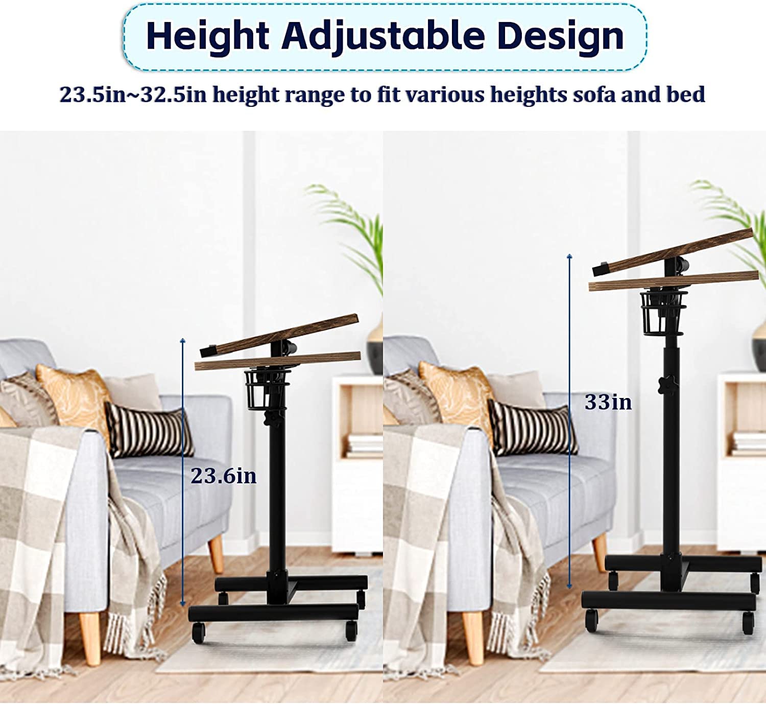 Dtadvlo 23'' Rolling Computer Desk,Portable Laptop Desk,Mobile Portable Laptop Desk, Height Adjustable Laptop Sit to Stand Up Desk,Overbed Table with Wheel Adjustable Height Desk