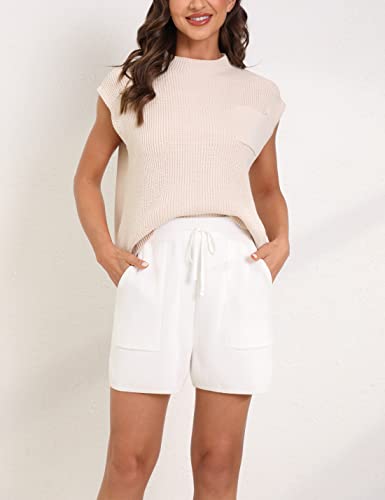 SCUSTY Summer Two Piece Sweater Sets for Women Trendy Lounge Sets Knit Crochet Pullover Top High Waist Short Pants Outfits(White-XS)