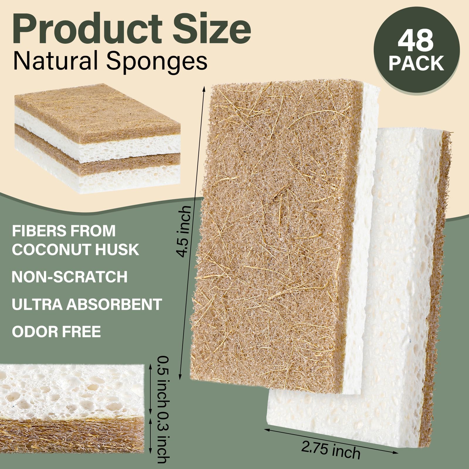 Tanlade 48 Pcs Natural Sponges for Dishes Biodegradable Sponges Kitchen Eco Friendly Scrub Sponges for Kitchen