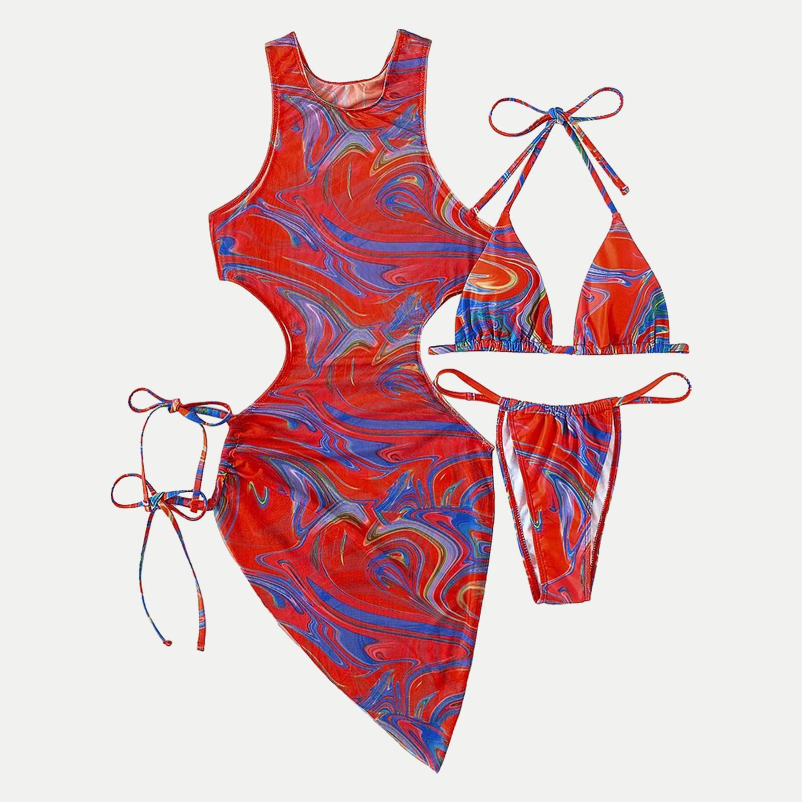 3 Piece Swimsuits for Women Padded Floral Print String Bikini Sets Bathing Suit Set Sexy Cutout High Neck Mesh Beach Cover Up Red