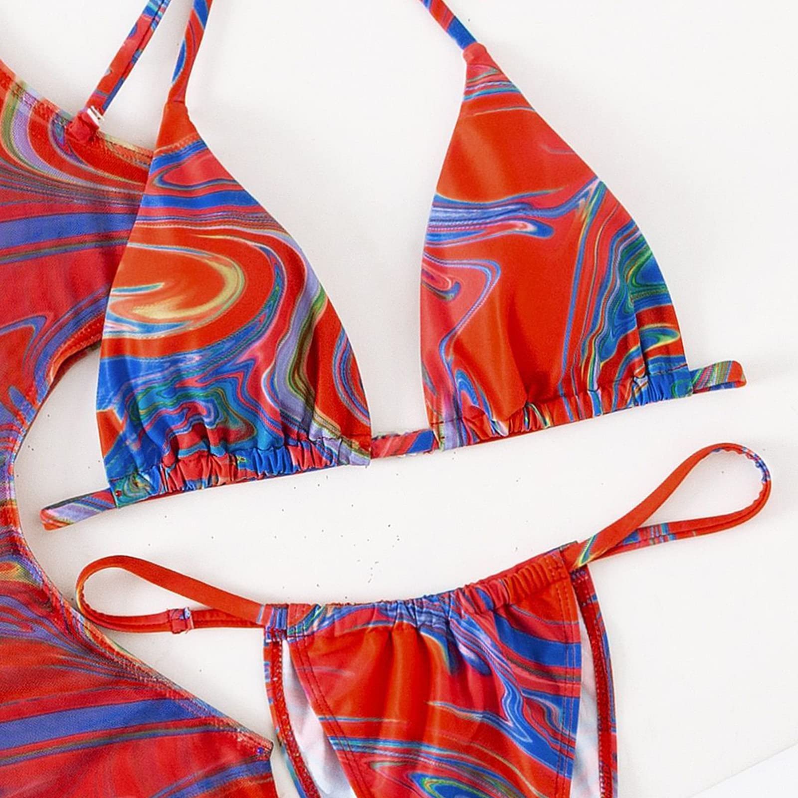 3 Piece Swimsuits for Women Padded Floral Print String Bikini Sets Bathing Suit Set Sexy Cutout High Neck Mesh Beach Cover Up Red