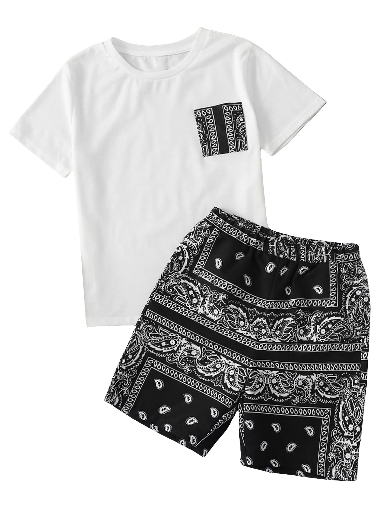 SOLY HUX Boys Boho Paisley Print Short Sleeve T Shirt and Shorts Set 2 Piece Outfits Black and White Paisley 13-14Y