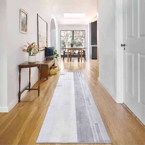 Calore Modern Abstract Runner Rug for Hallways Soft Distressed Geometric Area Rug Indoor Non Slip Carpet for Laundry Room Doorway Bedroom (Grey/Light Blue, 2'x 6')