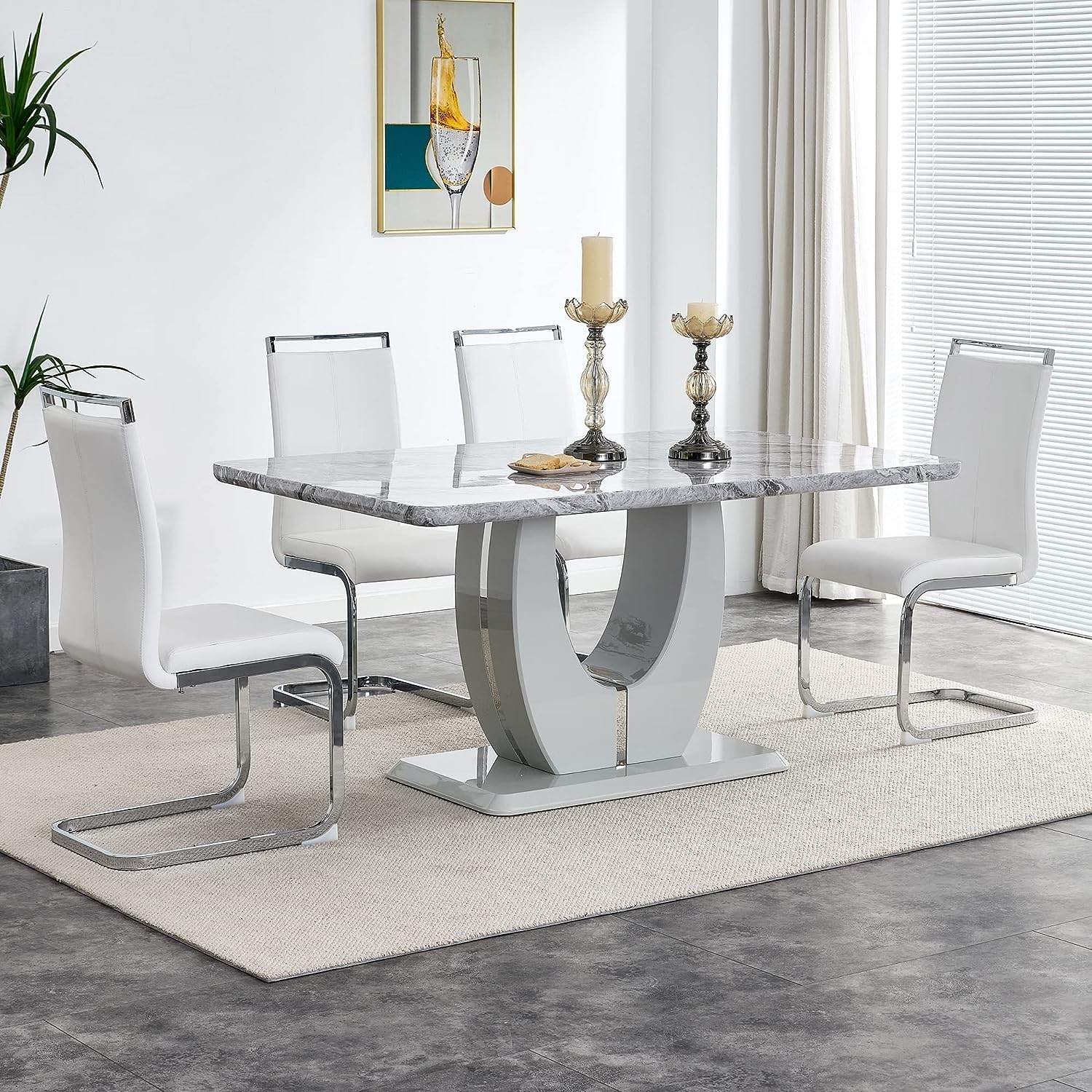 Pvillez 5 Piece Modern Mid-Century Dining Table Set for 4 People, Grey Marble Grain Wood Table and 4 PU Leather Upholstered Chairs, Home Kitchen Furniture