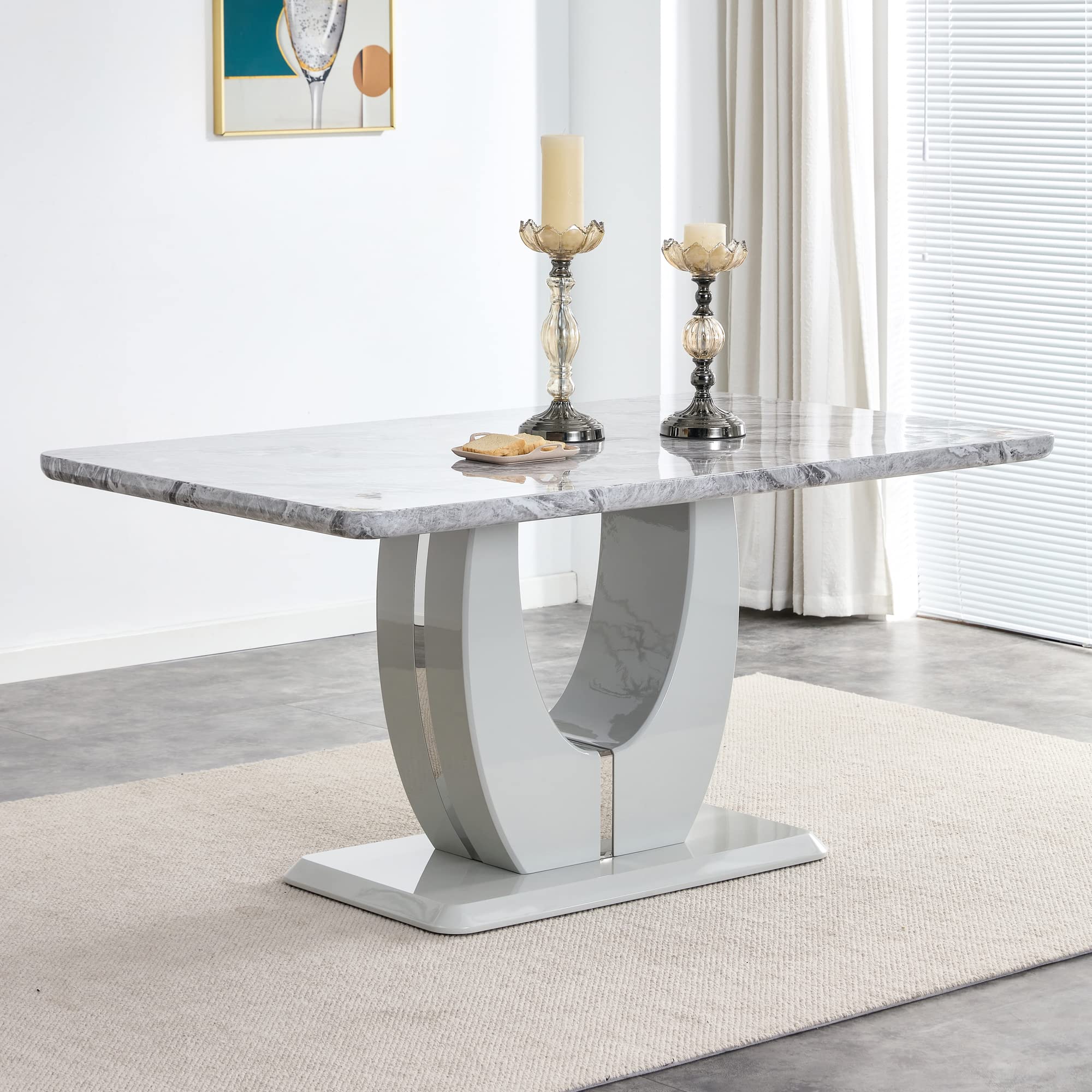 Pvillez 5 Piece Modern Mid-Century Dining Table Set for 4 People, Grey Marble Grain Wood Table and 4 PU Leather Upholstered Chairs, Home Kitchen Furniture