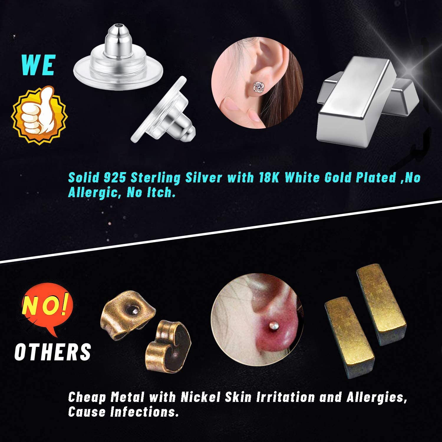 Catinee 3 Pairs Earring Backs,925 Sterling Silver Earring Backs for Studs, Adjustable Hypoallergenic Locking Earring Backs Fit 0.028-0.039inch Post(White+Gold)