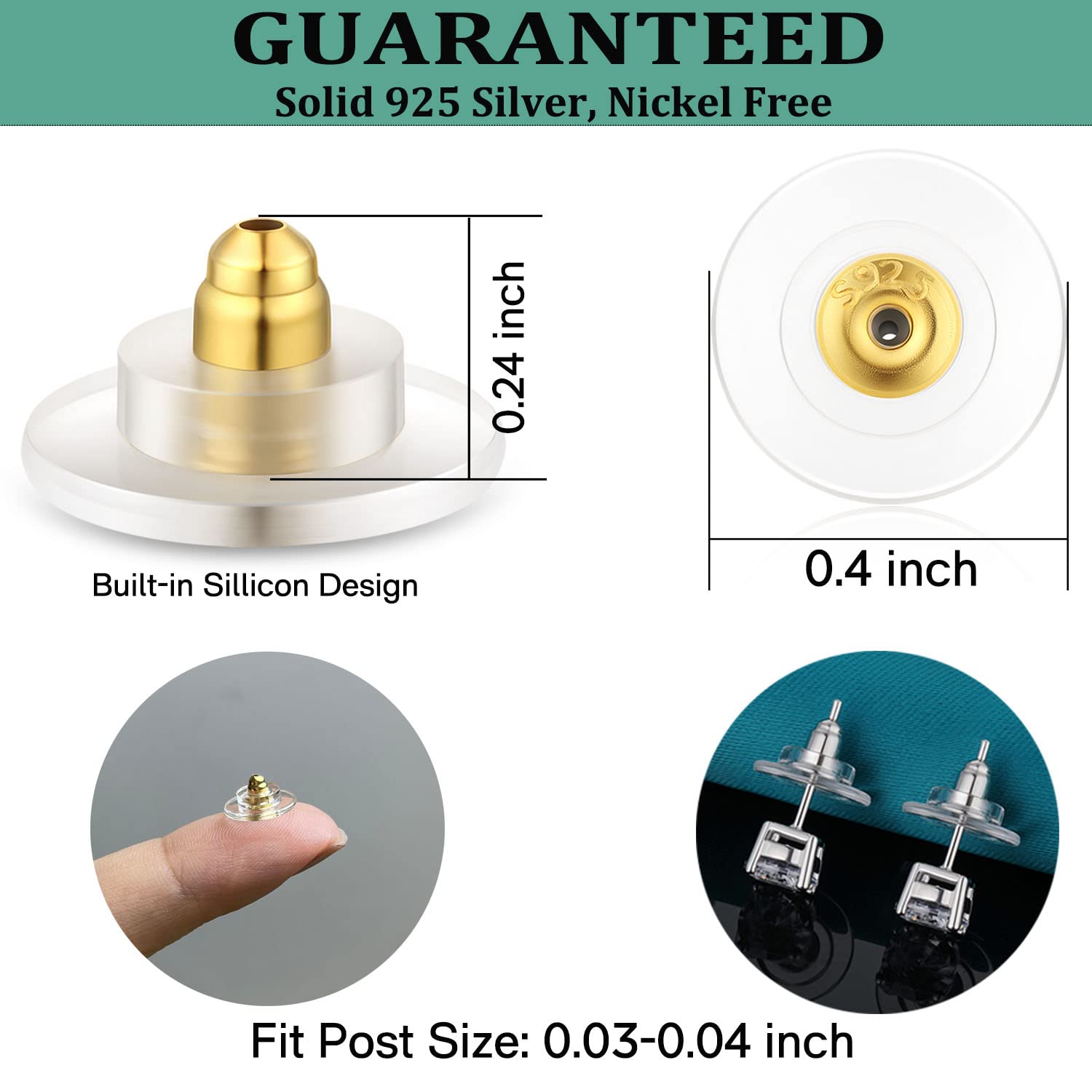 Catinee 3 Pairs Earring Backs,925 Sterling Silver Earring Backs for Studs, Adjustable Hypoallergenic Locking Earring Backs Fit 0.028-0.039inch Post(White+Gold)