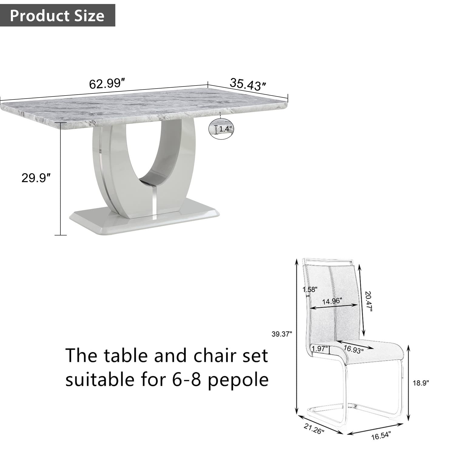 Pvillez 5 Piece Modern Mid-Century Dining Table Set for 4 People, Grey Marble Grain Wood Table and 4 PU Leather Upholstered Chairs, Home Kitchen Furniture