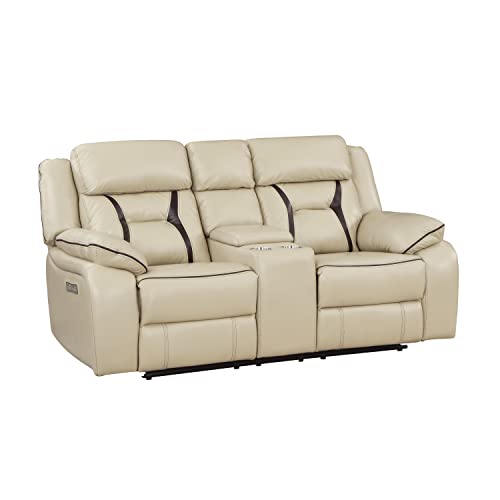 Lexicon Reclining Loveseat, Wall Hugger Recliners, Home Theater Seating, Power Double Recliner, Couches for Living Room, RV Furniture, Faux Leather with Contrast Piping, 66''W Love Seat, Beige