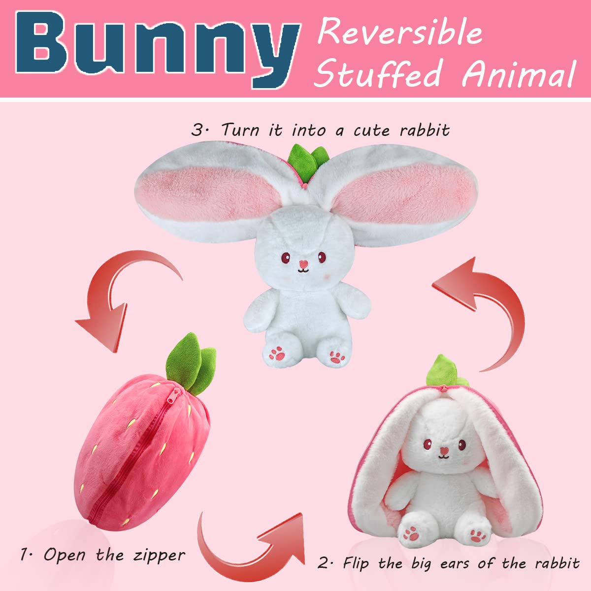 OSQI Reversible Bunny Stuffed Animal - Carrot Strawberry Plush Doll with Zipper - Soft and Adorable Rabbit Toy Pillow for Kids and Adults Easter Gift and Decoration