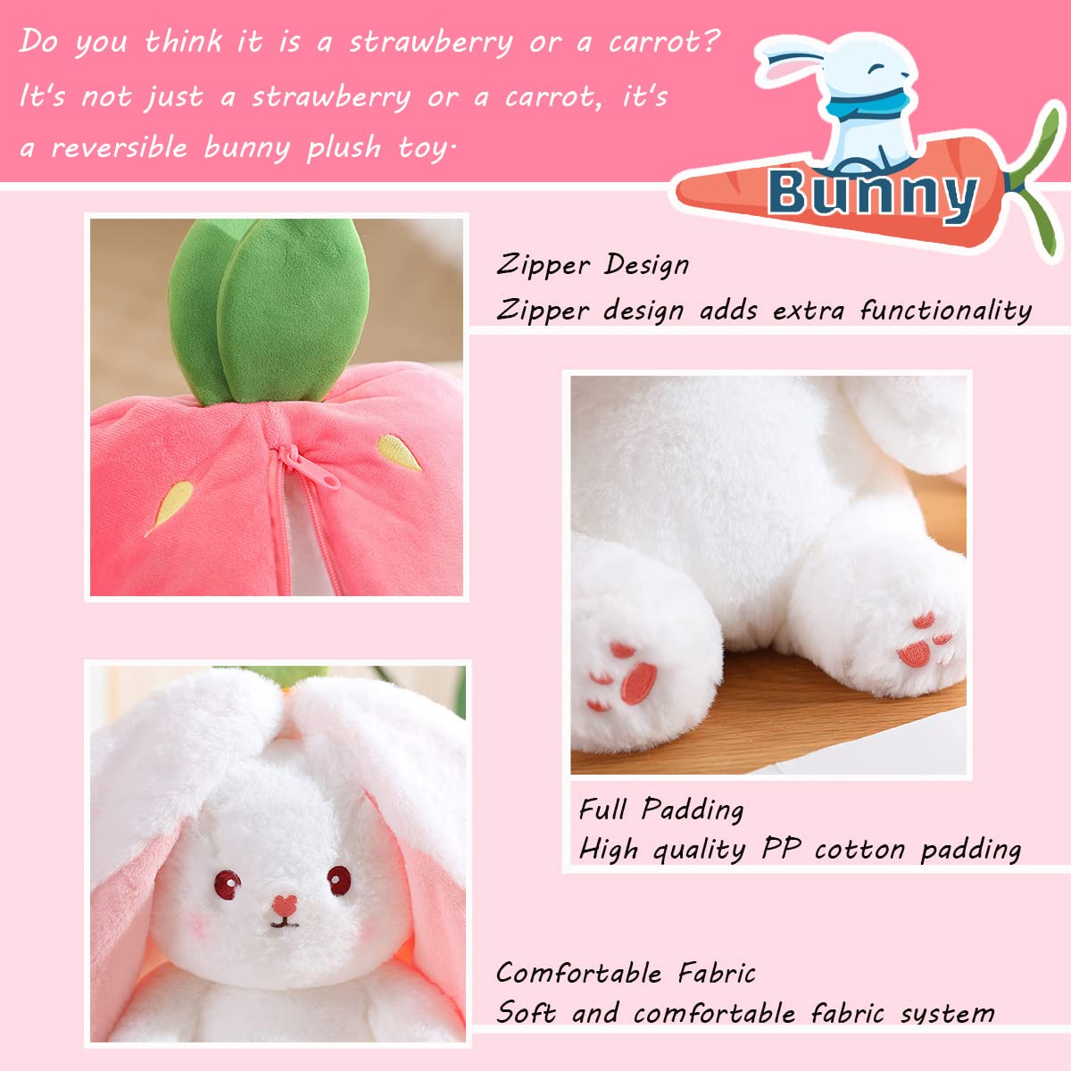 OSQI Reversible Bunny Stuffed Animal - Carrot Strawberry Plush Doll with Zipper - Soft and Adorable Rabbit Toy Pillow for Kids and Adults Easter Gift and Decoration