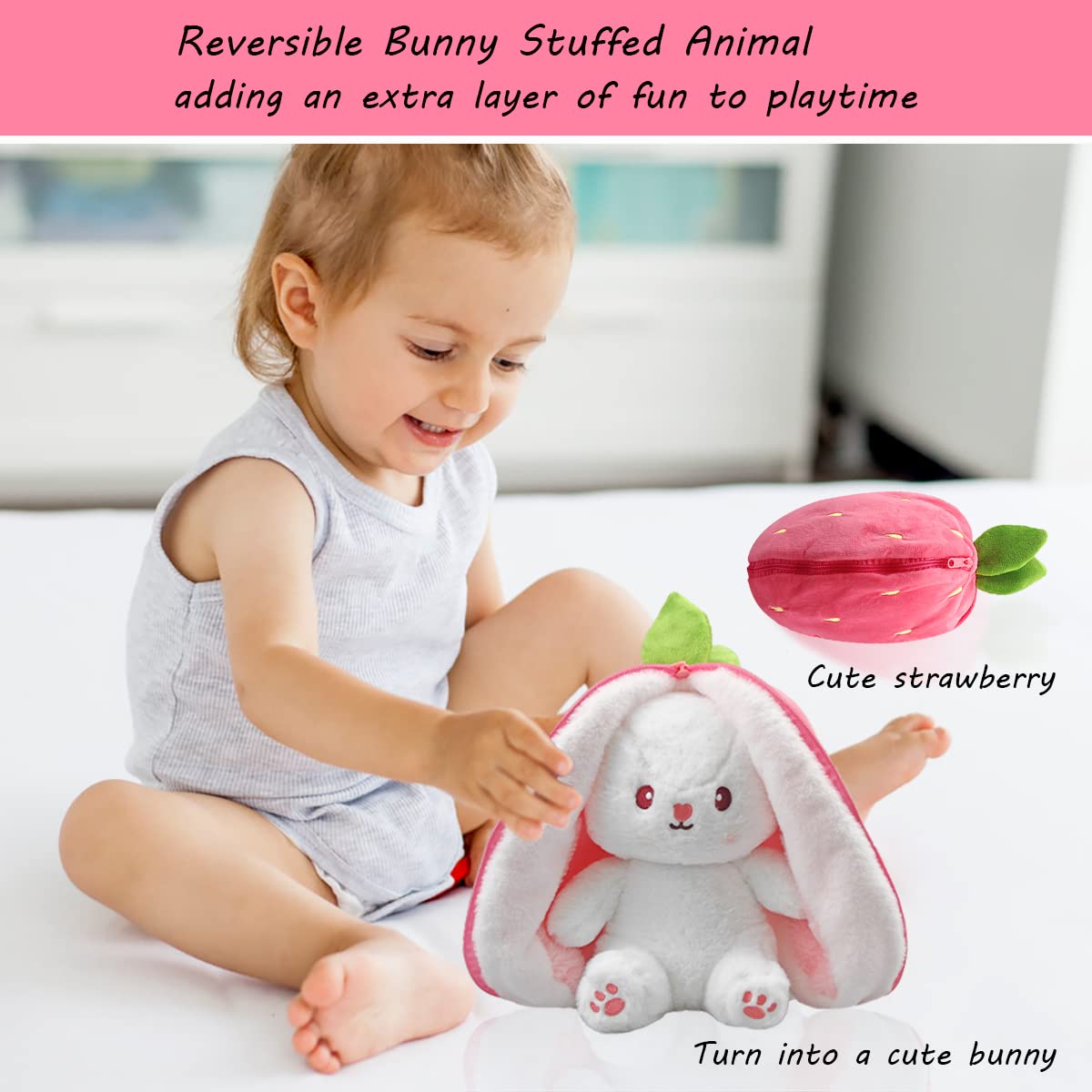 OSQI Reversible Bunny Stuffed Animal - Carrot Strawberry Plush Doll with Zipper - Soft and Adorable Rabbit Toy Pillow for Kids and Adults Easter Gift and Decoration