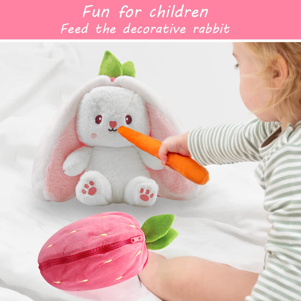 OSQI Reversible Bunny Stuffed Animal - Carrot Strawberry Plush Doll with Zipper - Soft and Adorable Rabbit Toy Pillow for Kids and Adults Easter Gift and Decoration