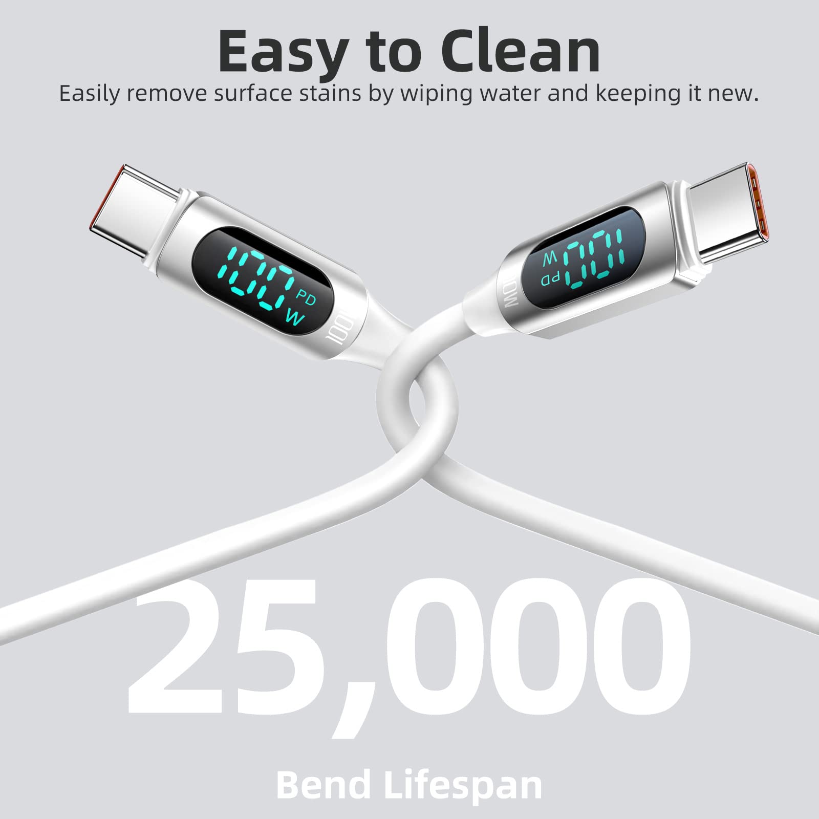 6.6FT 100W USB C Cable 6FT USB C to USB C Cable PD Fast Charging Silicone Type-C Cable with LED Display for MacBook Pro 13 16 MacBook Air 13 15