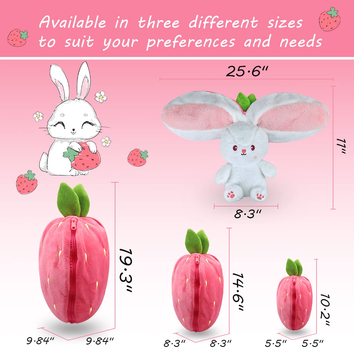 OSQI Reversible Bunny Stuffed Animal - Carrot Strawberry Plush Doll with Zipper - Soft and Adorable Rabbit Toy Pillow for Kids and Adults Easter Gift and Decoration