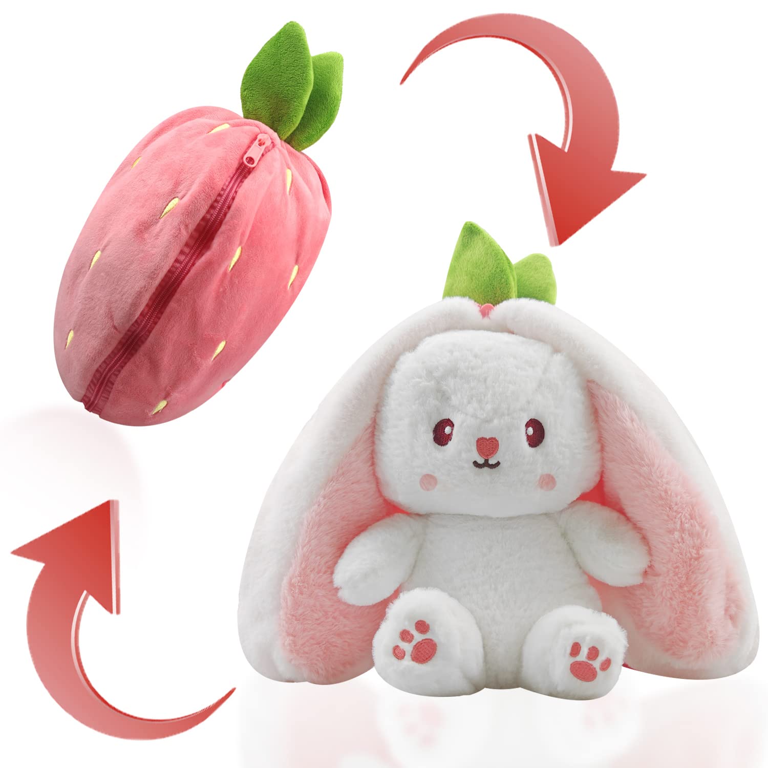 OSQI Reversible Bunny Stuffed Animal - Carrot Strawberry Plush Doll with Zipper - Soft and Adorable Rabbit Toy Pillow for Kids and Adults Easter Gift and Decoration