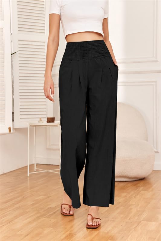 REDMORE High Waisted Wide Leg Pants for Women Summer Beach Boho Cotton Linen Palazzo Pants Casual Flowy Trousers with Pockets Black