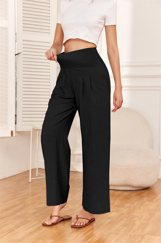 REDMORE High Waisted Wide Leg Pants for Women Summer Beach Boho Cotton Linen Palazzo Pants Casual Flowy Trousers with Pockets Black