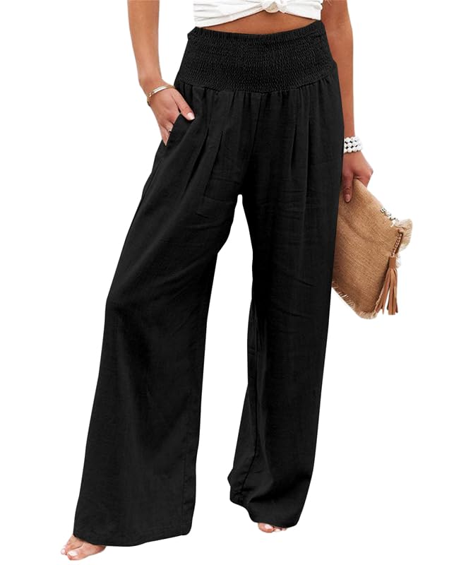 REDMORE High Waisted Wide Leg Pants for Women Summer Beach Boho Cotton Linen Palazzo Pants Casual Flowy Trousers with Pockets Black