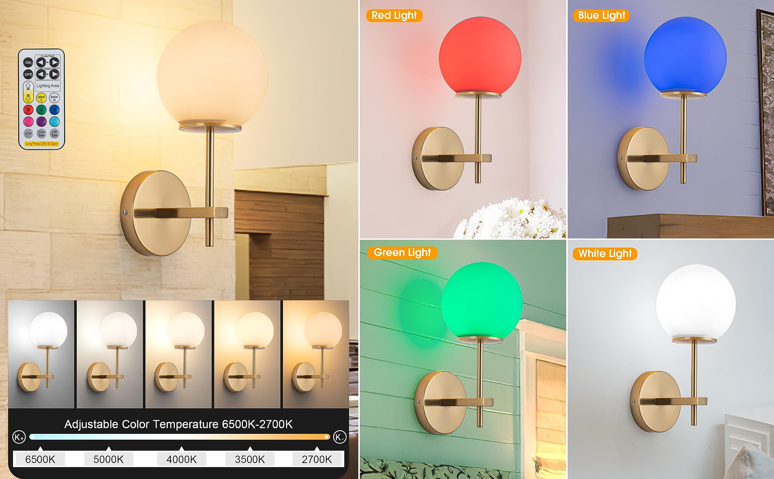 jengush LED Battery Operated Wall Sconce Fixture Set of 2, Modern Globe Glass Shade, Wall Light with Remote Control Dimmable,not Hardwired Sconce Fixture Easy to Install Not Wires(Color : Gold-05)