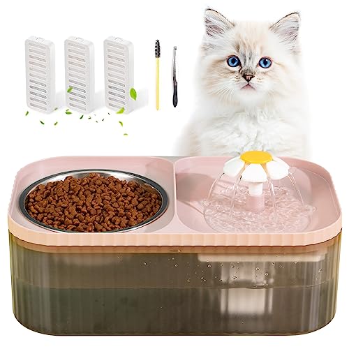 Petorobot Cat Water Fountain and Food Bowl, 3L/101oz Ultra Quiet Cat Fountains for Drinking with 3 Filters & 1V Pump, Automatic Pet Water Fountain for Cat Dog Inside (Pink)