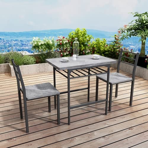 AnwickNomo Dining Table Set for 2, 3-Piece Bistro Table and Chairs Set, Breakfast Nook Table Set, Small Kitchen Table Set for 2, Dinette Set with Black Frame & Printed Gray Marble Finish (Gray)