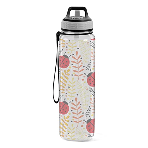 xigua Ladybug Water Bottle with Straw Lid,32 oz Leakproof Sport Water Bottle with Wide Handle for Gym,Cycling,School,Travel