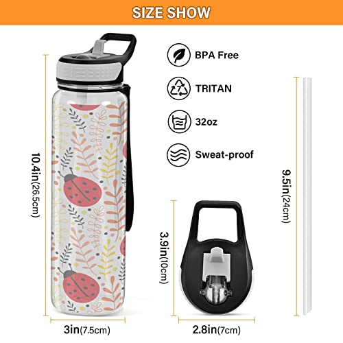 xigua Ladybug Water Bottle with Straw Lid,32 oz Leakproof Sport Water Bottle with Wide Handle for Gym,Cycling,School,Travel