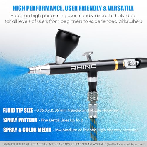 Rhinowisdom Airbrush Kit - Airbrush Gun Set Dual-Action Gravity Feed with 0.35, 0.4 & 0.5mm Needle Sets - Air Brush Set with 2 1/3 oz Replacement Cups for Nails Model Painting Cake Tattoo Makeup