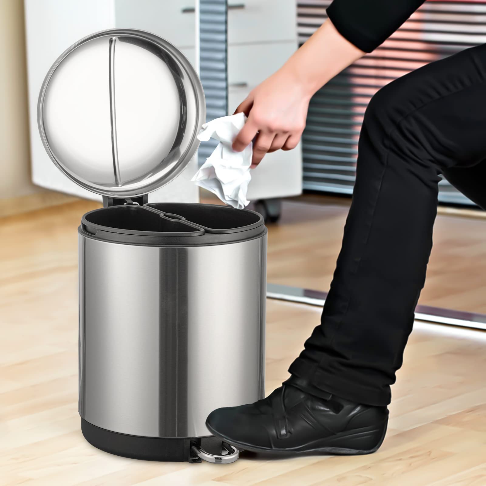 GAOMON 8-Gallon Dual Trash Can, Stainless Steel Double Garbage Cans for Kitchen, Dual Compartment Trash Can with Bin for Home Office, Dual Trash Can 6or Recycling and Trash