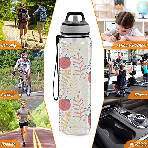 xigua Ladybug Water Bottle with Straw Lid,32 oz Leakproof Sport Water Bottle with Wide Handle for Gym,Cycling,School,Travel
