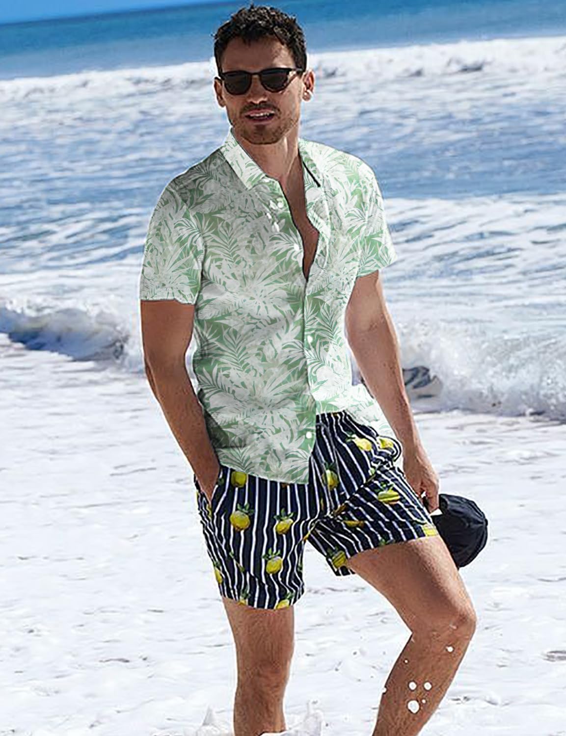 Yoimira Hawaiian Shirts for Men, Print Mens Casual Short Sleeve Button Down Shirts Floral Aloha Beach Shirt Light Green
