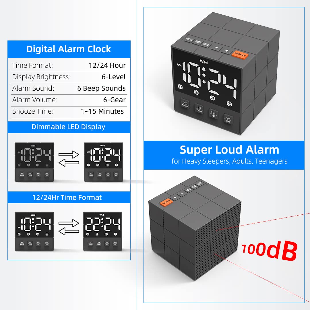 XKX Bluetooth Alarm Clock Speaker with 100dB Super Loud Alarm & 5W Hi-Fidelity Sound, Small LED Digital Clock for Bedroom, Great Gift Idea for Heavy Sleepers, Adults, Teens