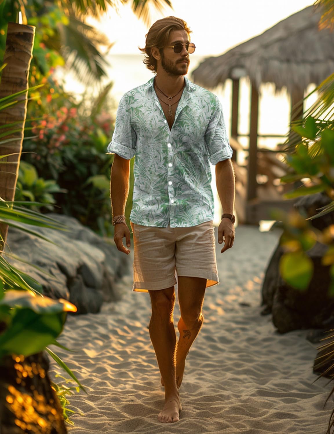 Yoimira Hawaiian Shirts for Men, Print Mens Casual Short Sleeve Button Down Shirts Floral Aloha Beach Shirt Light Green